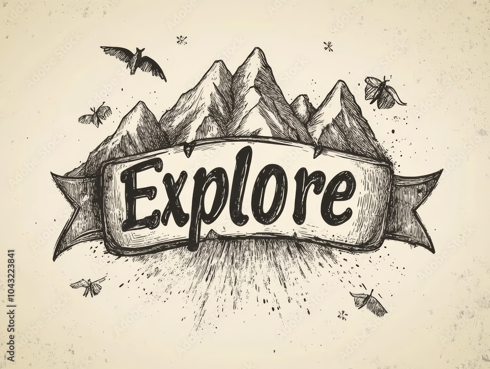 Explore the Majestic Peaks: Hand-drawn adventure graphic with mountains ...