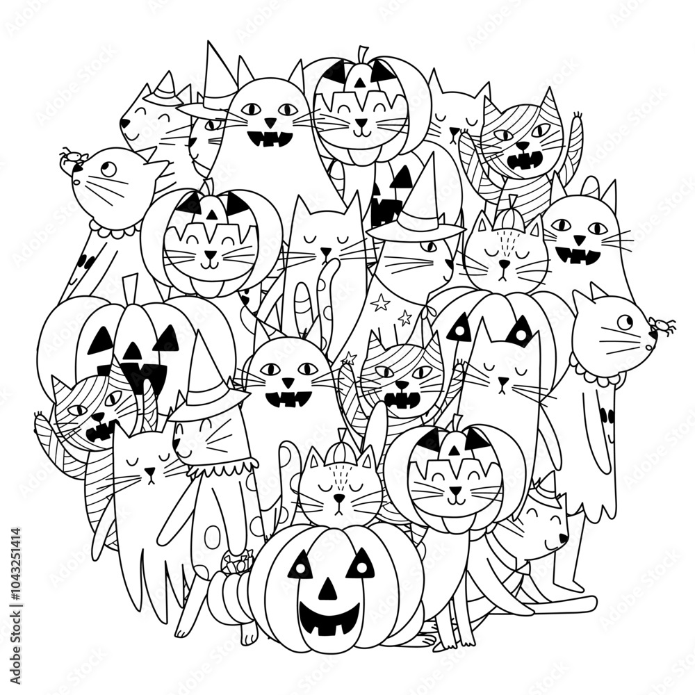 Cute Halloween cats mandala for kids. Funny feline characters with ...