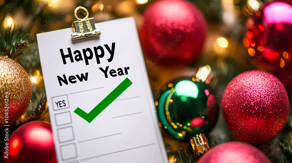 Checklist with "Happy New Year" text, green check mark next to "Yes ...