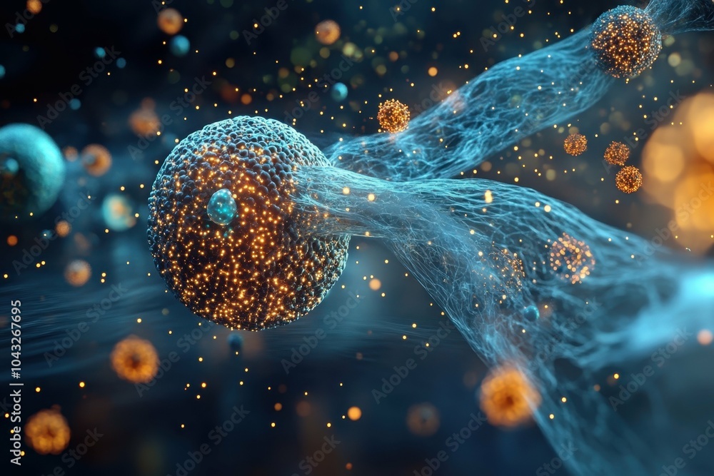 An animated 3D scene showing stem cells interacting with human tissues ...