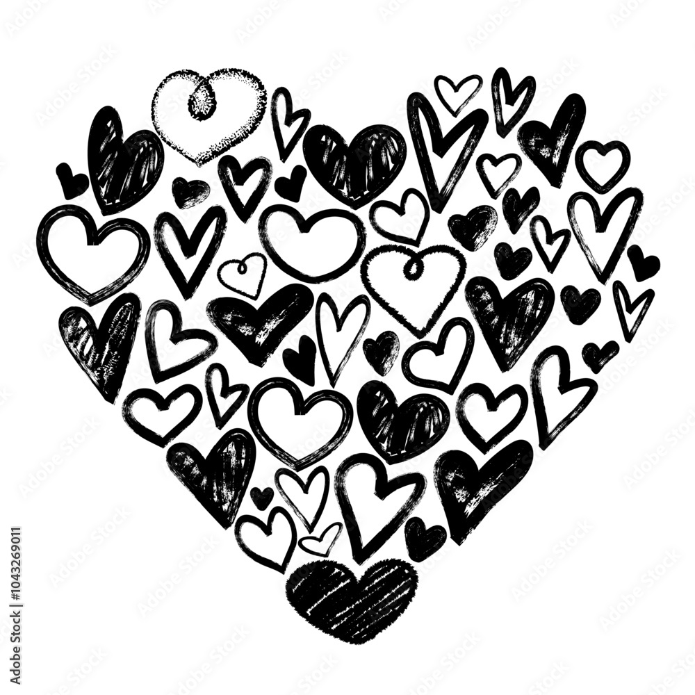 Hand drawn heart. Set of doodle hearts in brush stroke texture paint ...