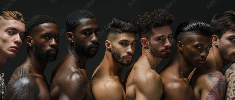 An image shows eight diverse shirtless men with different body types ...