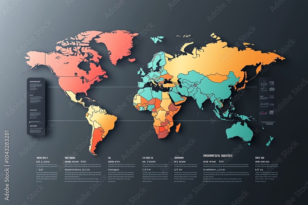Detailed world map with color-coded regions and data visualization ...