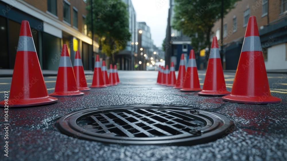 Traffic cones positioned around a manhole cover, indicating a work area ...