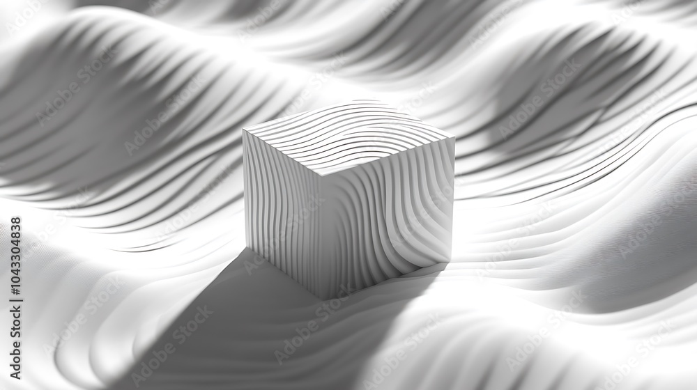 Realistic 3D cube casting shadows on flowing 2D lines merging the ...