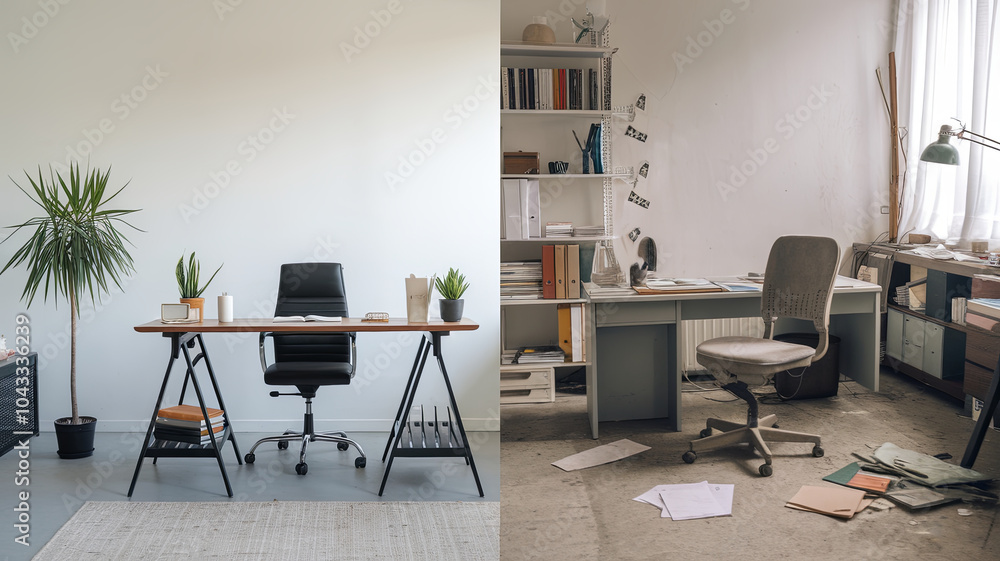 clean office space on left features modern desk with plant and sleek chair, while right side ...