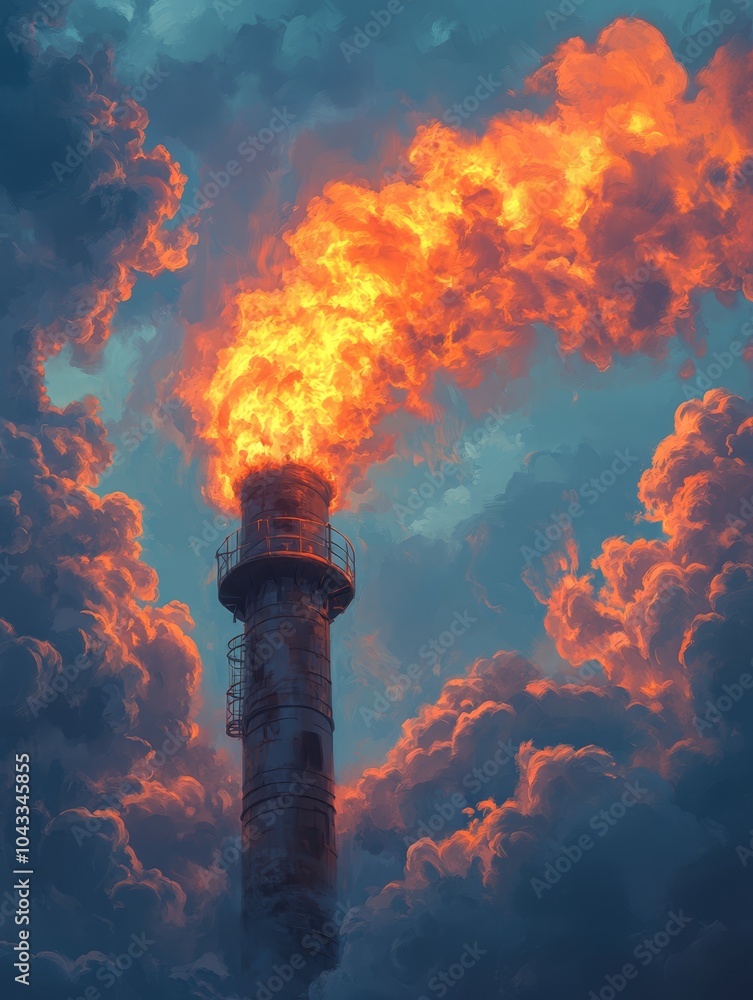 An industrial tower is engulfed in a large explosion, with flames and ...