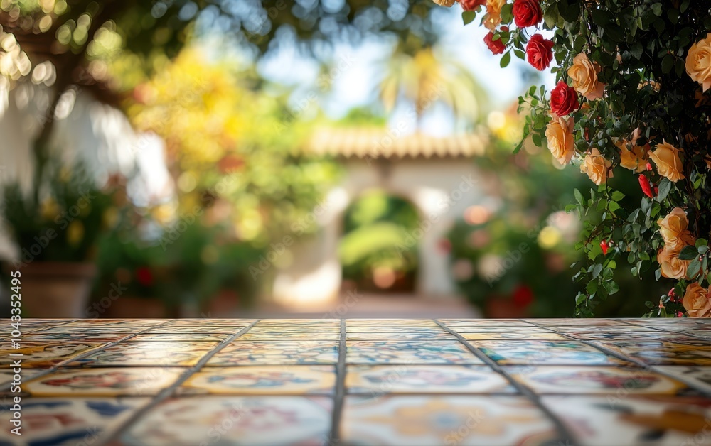 Ground level angle view close up, surface of hand-painted ceramic tiles ...