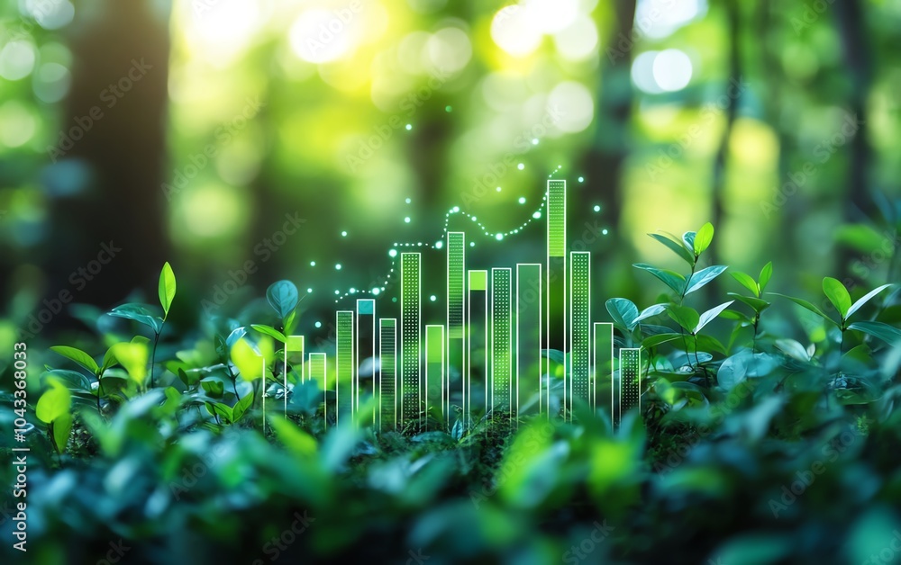 Green investment growth concept featuring bar charts rising from lush ...