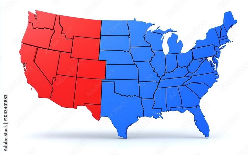 Textured 3D map of the United States, colored with blue and red tones ...