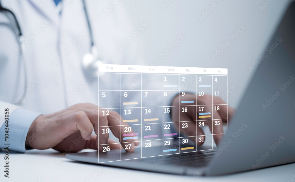 Medical worker with virtual digital calendar on laptop for plan ...