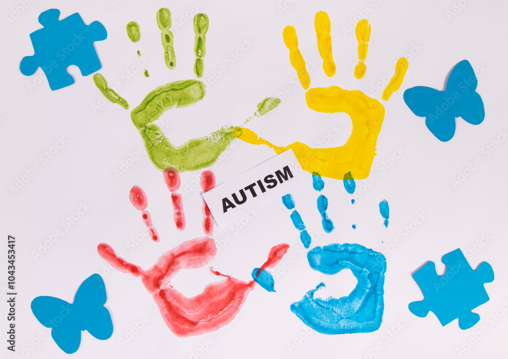 Kids handprint made of paint and inscription Autism. Autism Spectrum ...