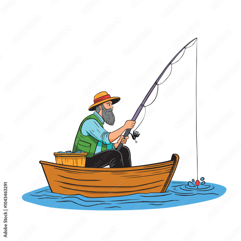 old man fishing from boat pinup pop art retro vector illustration ...