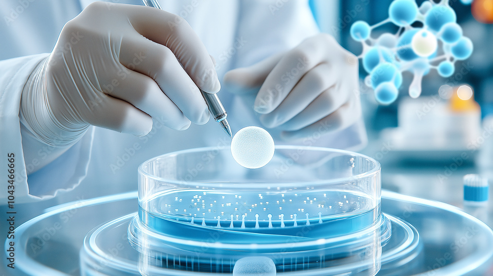 Scientist examining medical sample in laboratory, using pen to ...