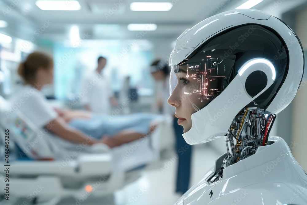 This image shows an advanced humanoid robot in a hospital setting. The ...