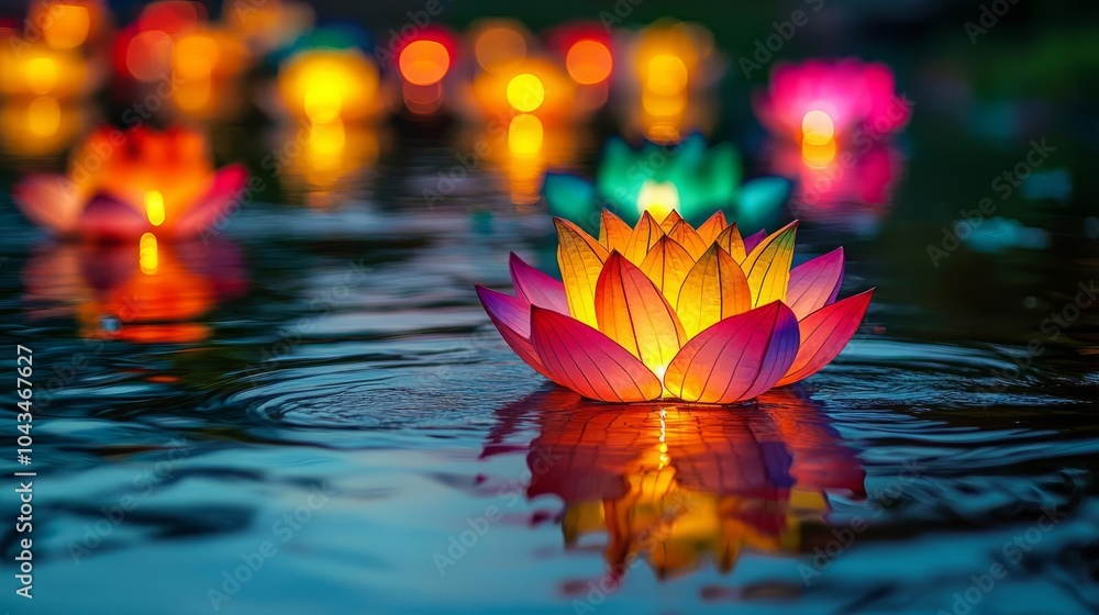 Festival of Lights Floating lotus lanterns glowing on the surface of a ...