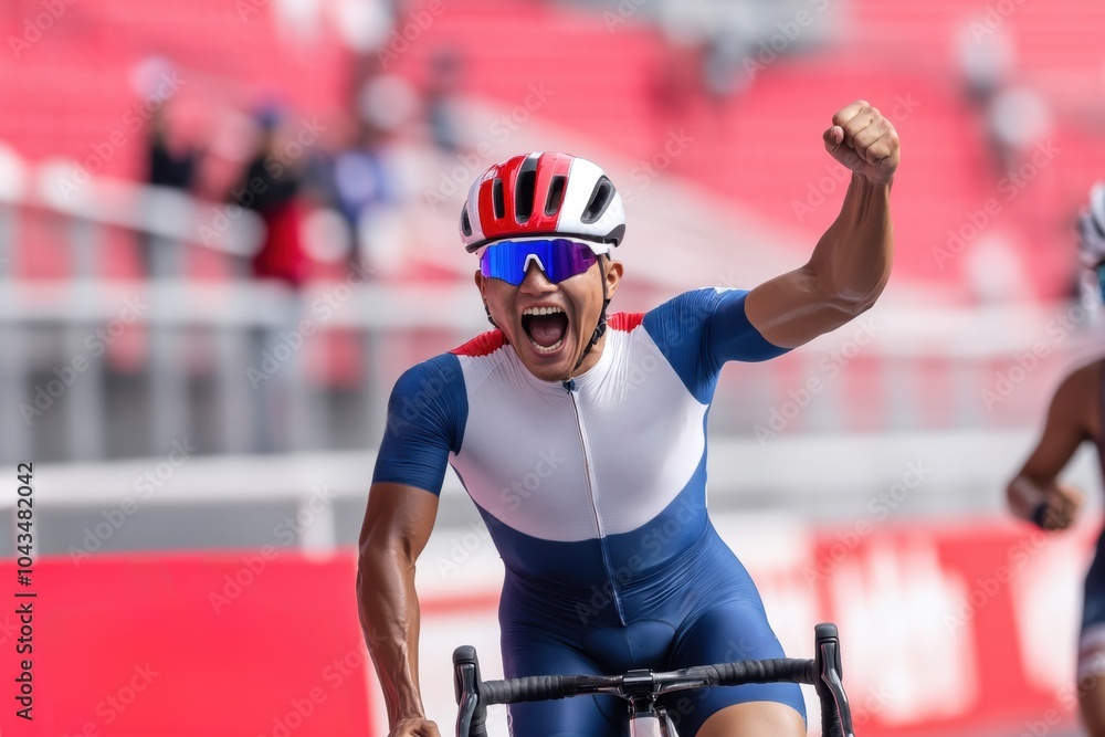 Professional cyclist raising his fist in triumph, crossing finish line ...