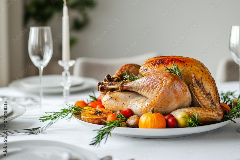 roasted turkey as the centerpiece of a minimal Thanksgiving dinner, set ...