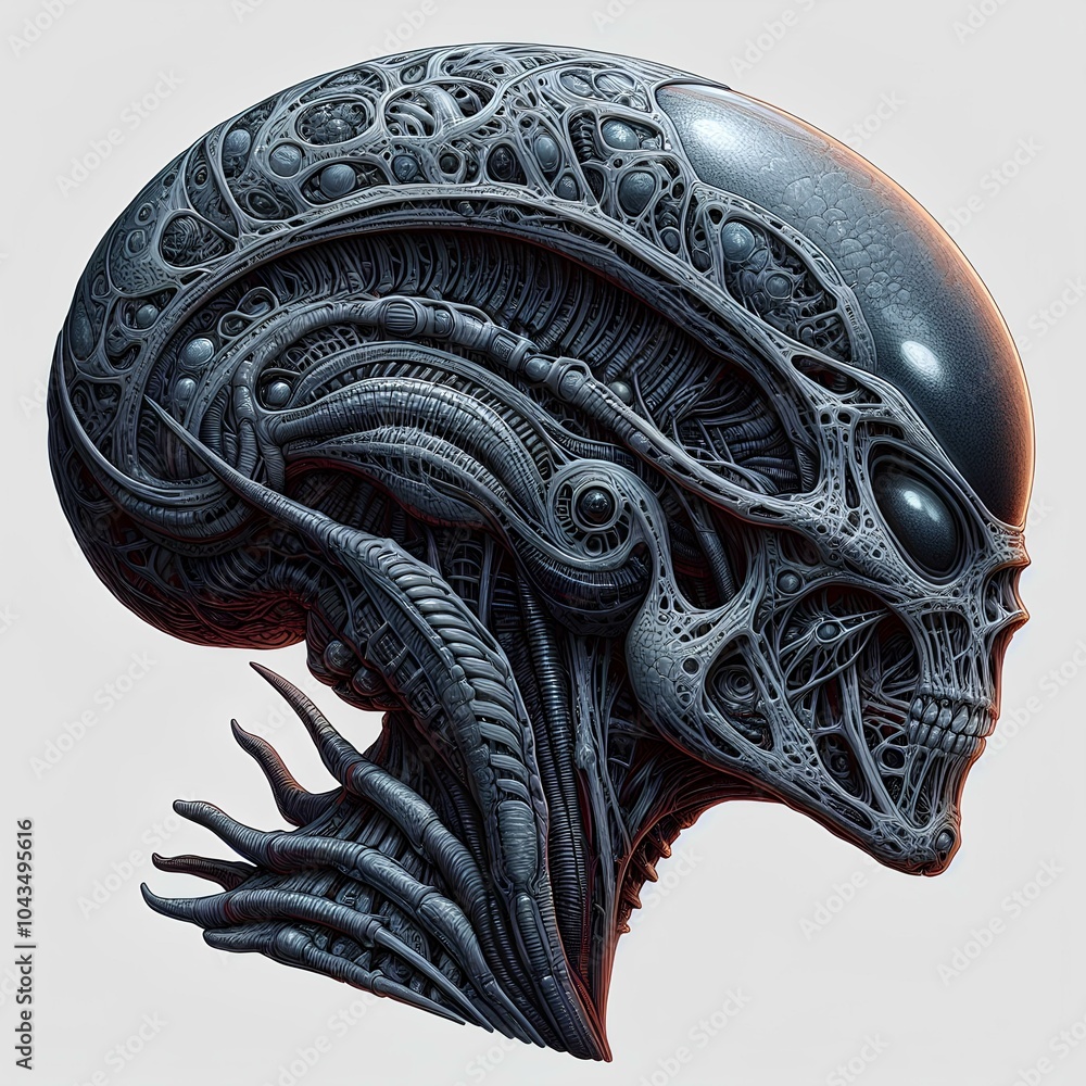 anatomical illustration of the profile of an alien head with intricate ...