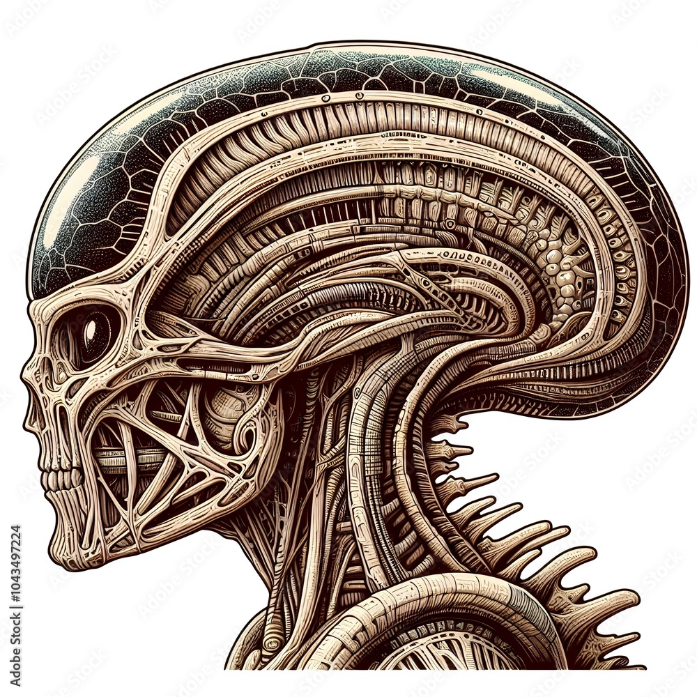 anatomical illustration of the profile of an alien head with intricate ...