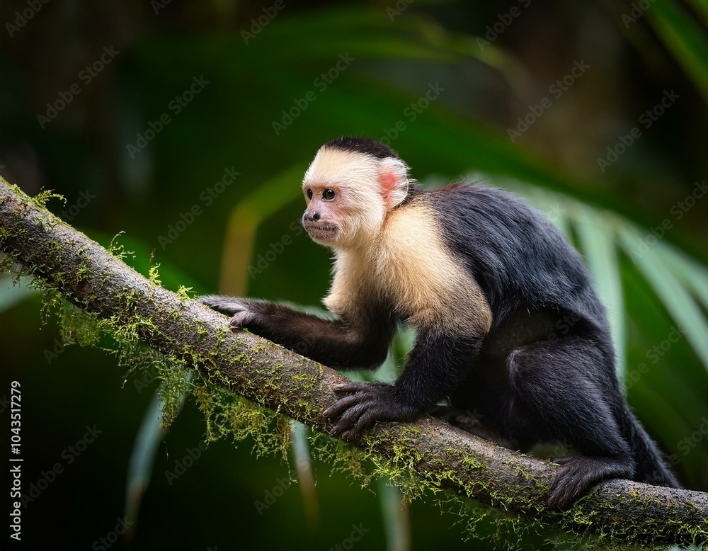cute wild capuchin monkey jumping on palm trees in manuel antonio ...