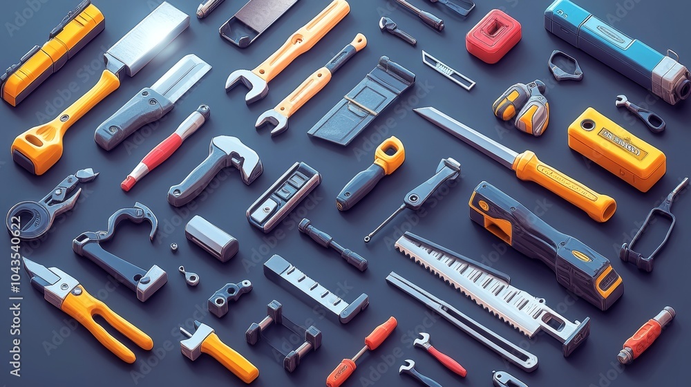 Bright and engaging 3D vector cartoon icons for tools: planer, saw ...