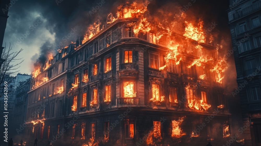 Windows of the surrounding buildings burn with flames and smoke billows ...
