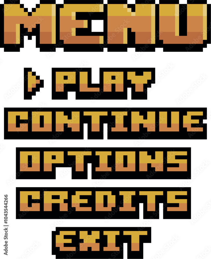 Retro-style game menu displaying options for play, continue, options ...