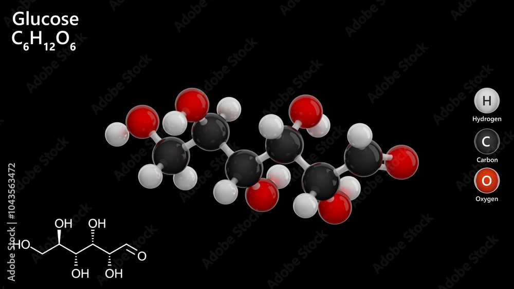 Molecule: Glucose. Simple sugar. Molecular structure. Formula: C6H12O6 ...