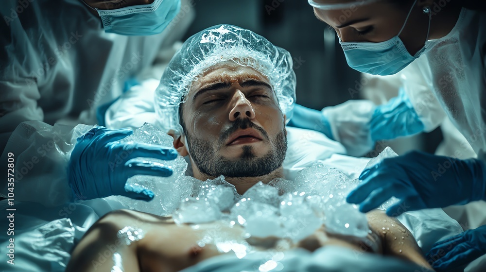 Medical team applying ice packs to a heat stroke victim, hospital ...