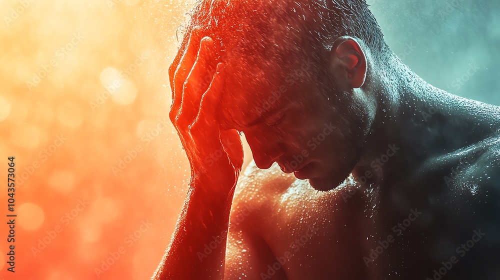 Athlete sweating profusely, clutching head in pain, symbolizing heat ...
