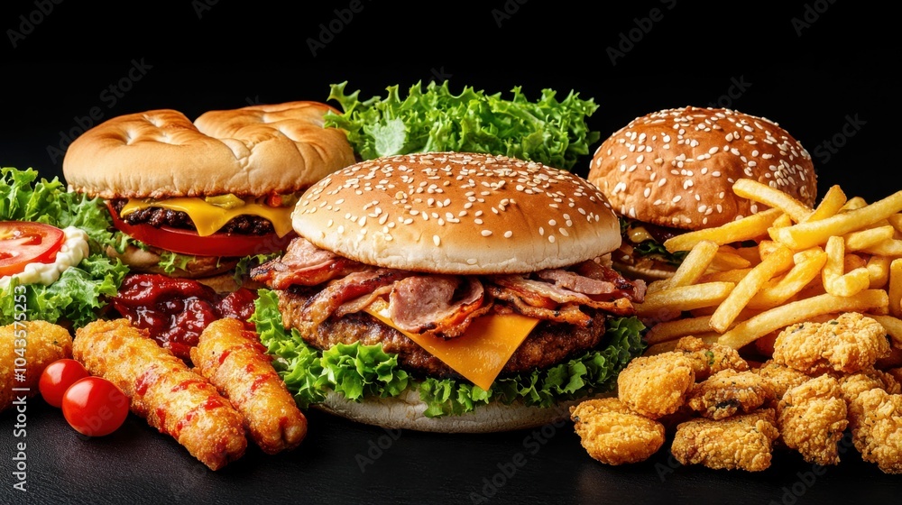 Fast food concept with greasy fried restaurant take out as onion rings ...