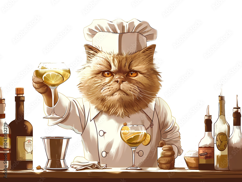 Funny cat characterized as bartender working behind the bar of a bar ...