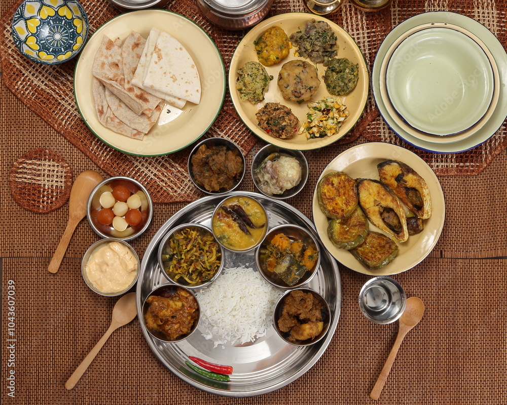 Bengali style thali spread verity cuisine hilsa fish vegetable beef ...