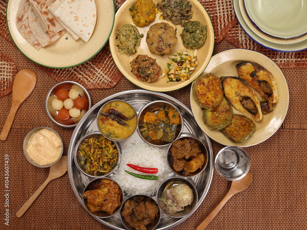 Bengali style thali spread verity cuisine hilsa fish vegetable beef ...
