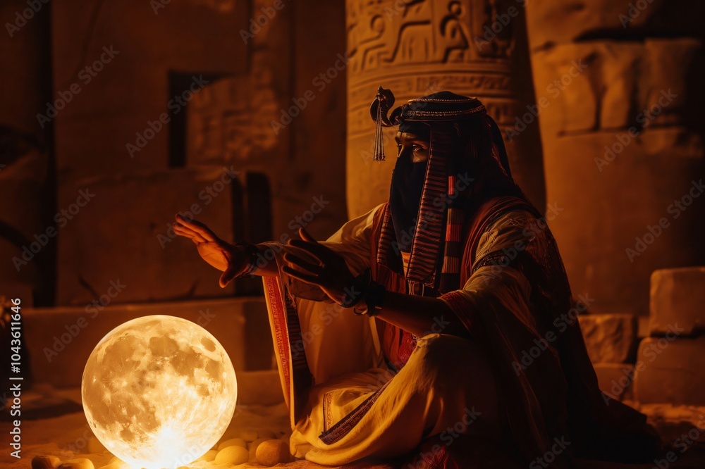 Egyptian priest in traditional clothing performing a ritual under the ...