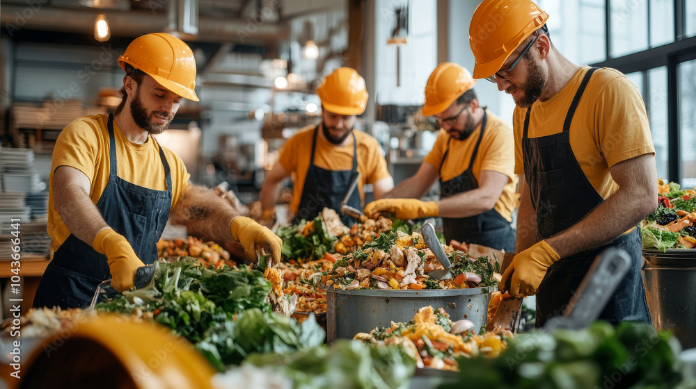Efficient workers in yellow helmets and gloves prepare fresh vegetables ...