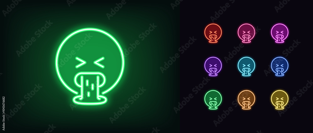 Vector de Stock Outline neon vomiting emoji icon set. Glowing neon spew ...