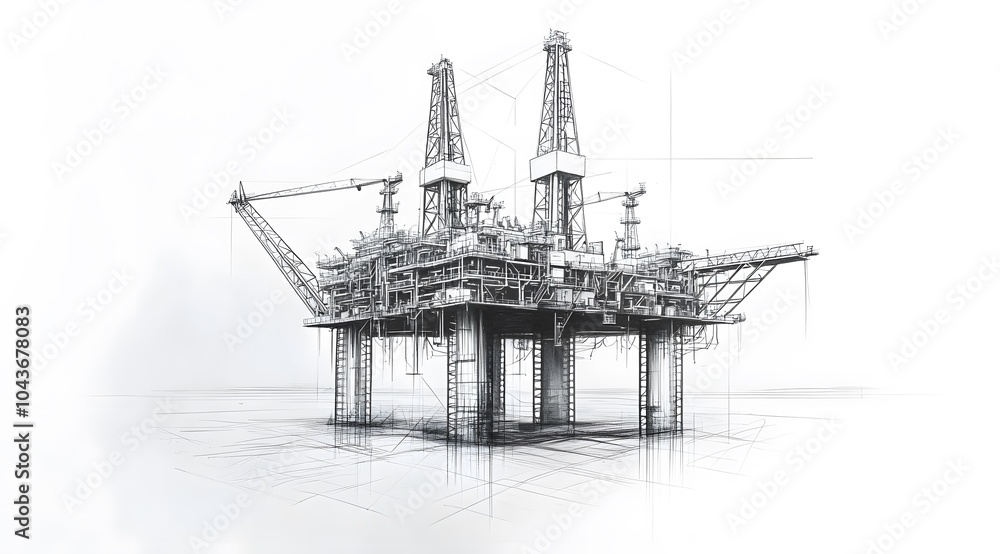 A pencil sketch of an oil rig on a white background, a technical ...