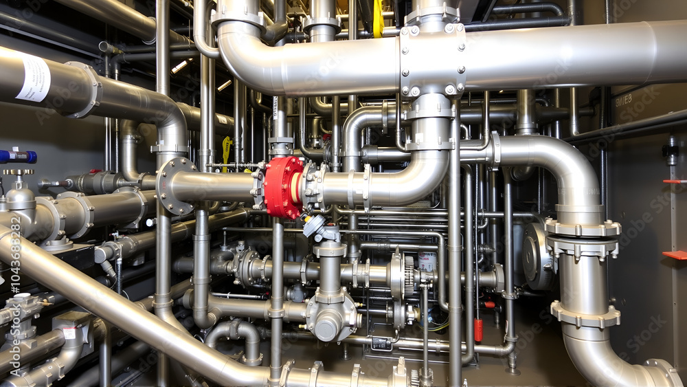 Industrial high-pressure piping system with intricate network of steel ...