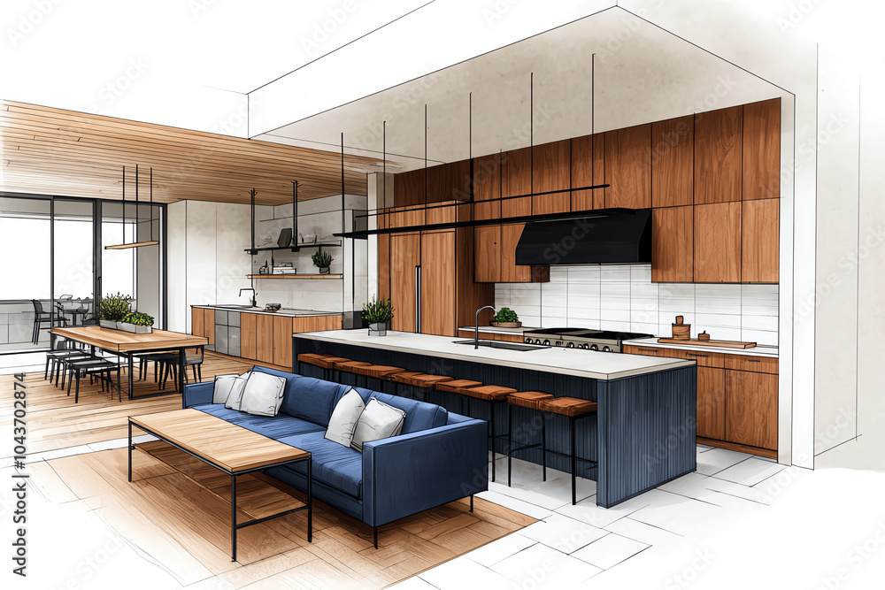 Sketch of an openconcept living and dining area with sleek, modular ...