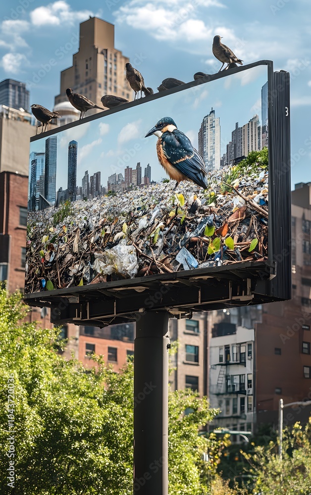 Endangered species on a billboard in front of a polluted cityscape ...
