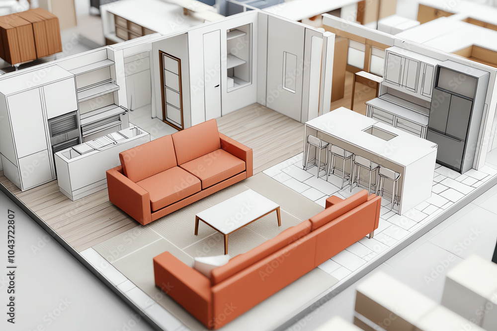 Detailed floor plan sketch of a modern retail interior, showing product ...