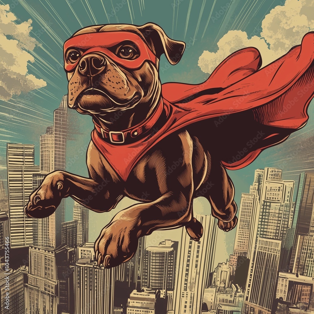 Heroic dog wearing a red cape and mask flying over a city skyline ...