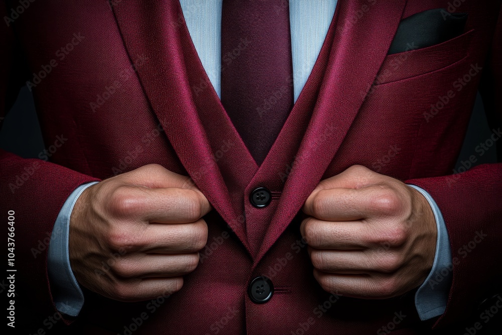 Man adjusting a burgundy suit jacket representing sharp mens formalwear ...
