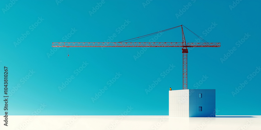 Minimalist construction site with a single crane and a clear blue sky ...