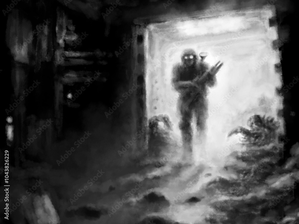 Figure of soldier enters a scary room. Spaceship captured by evil ...