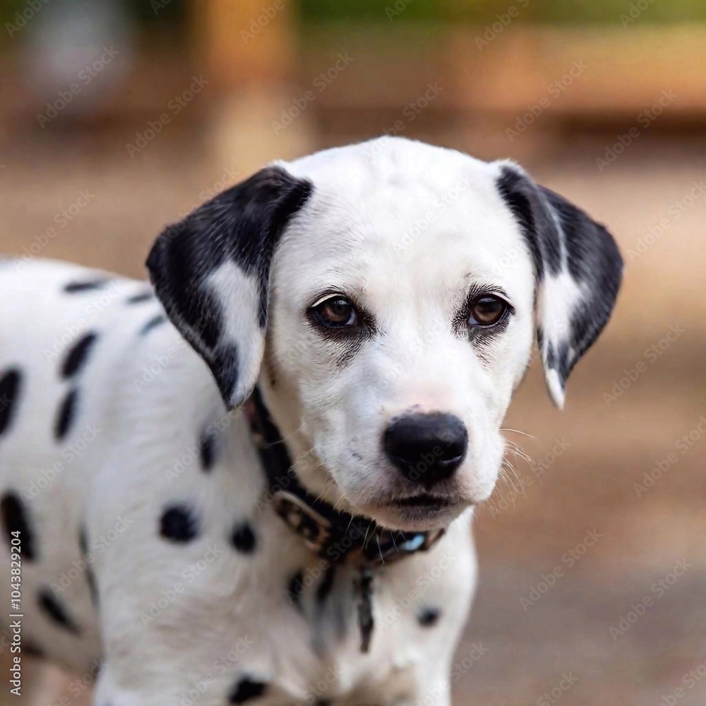 A close-up shot of a Dalmatian puppy with one ear flopped over, deep ...