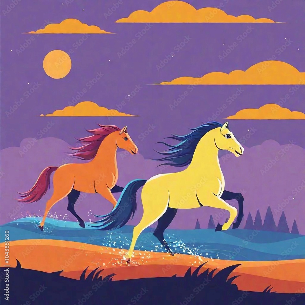 "Design a vector-style illustration of a fantasy creature horse racing ...