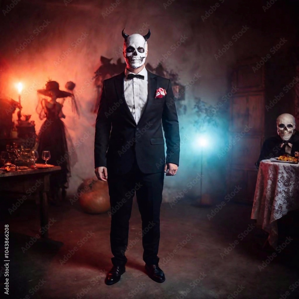 eerie Halloween party captured in an extreme wide shot. A young adult ...